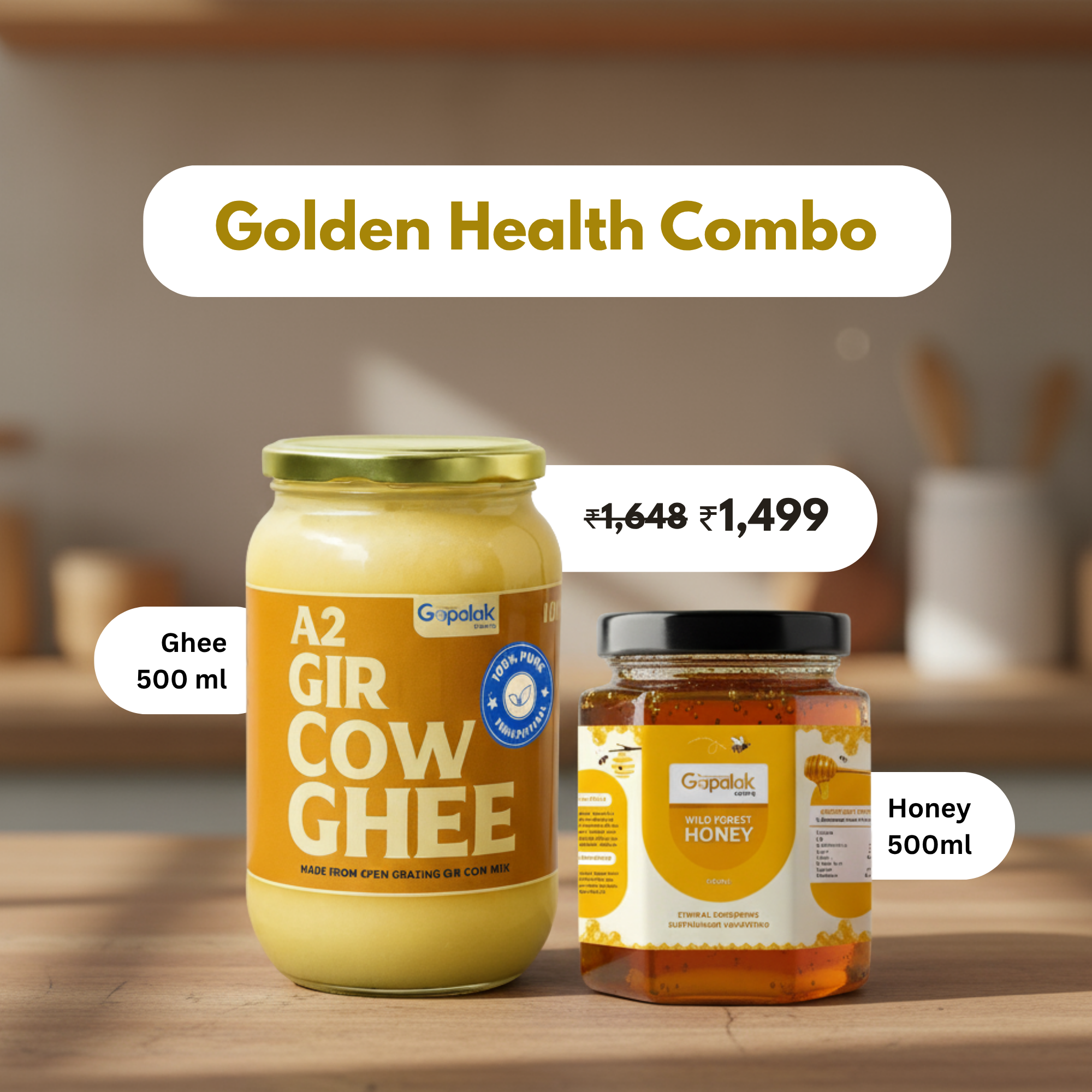 A2 Gir Cow Ghee 500ML + Wild Forest Honey 500GM | Gopalak Farms